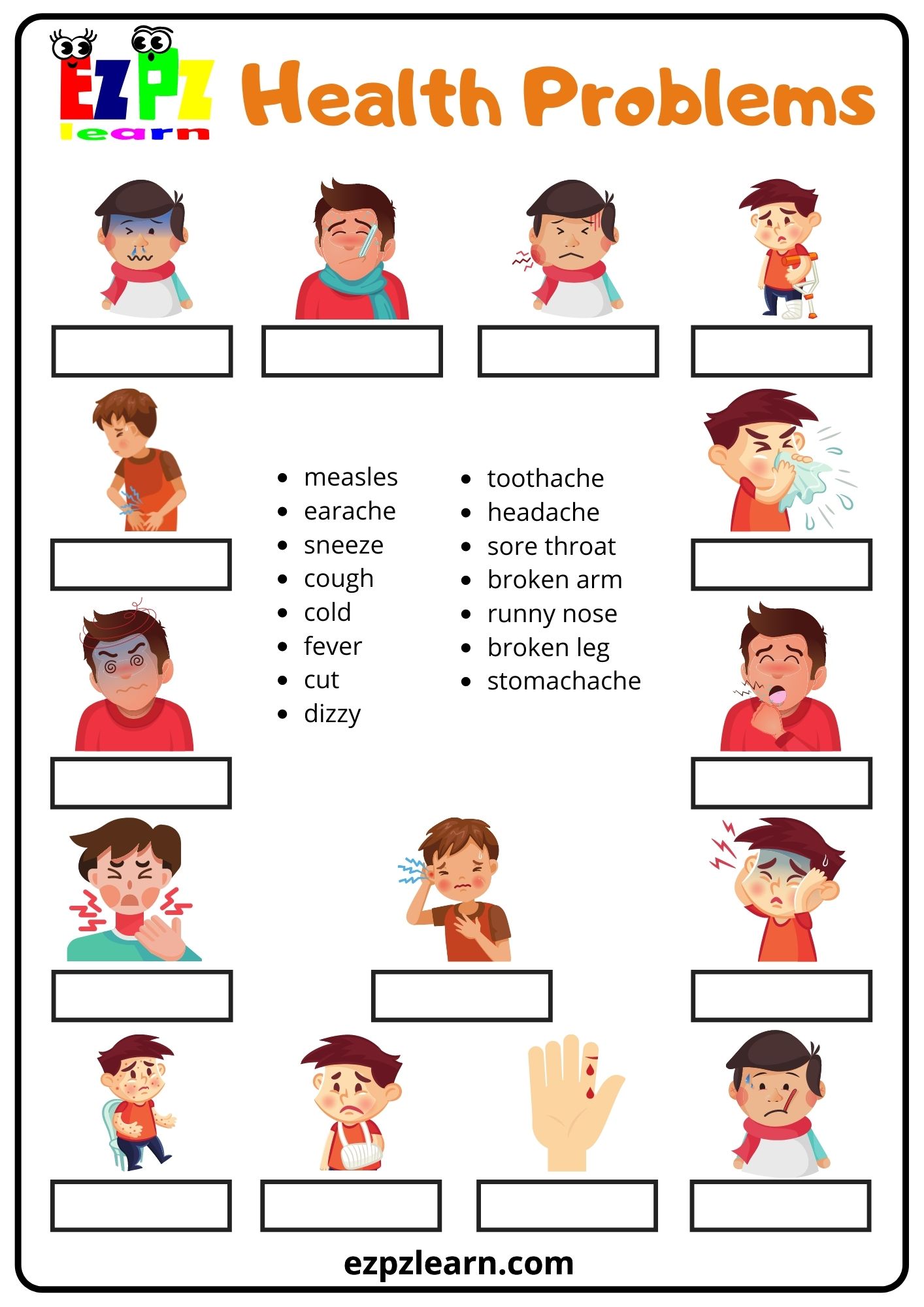 Health Problems Word Match Ezpzlearn
